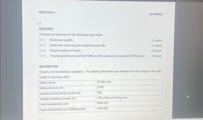 Solved QUESTION 3 3.1 REQUIRED Calculate the following from | Chegg.com