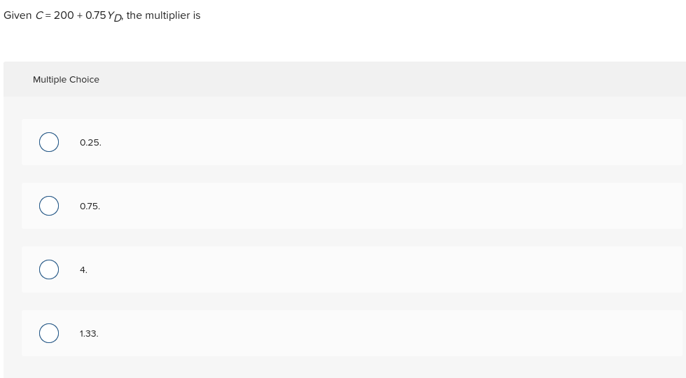 Solved Given C=200+0.75YD, ﻿the multiplier isMultiple | Chegg.com