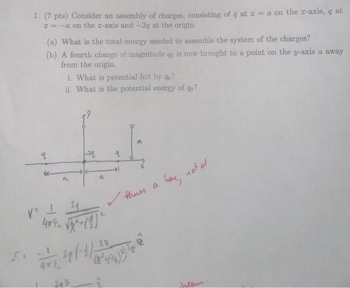 Solved 1. (7 pts) Consider an assembly of charges, | Chegg.com