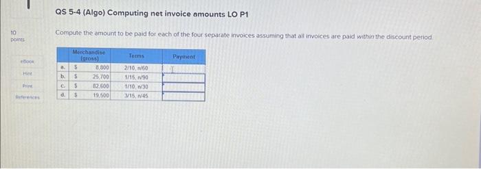 Solved QS 5.4 (Algo) Computing net invoice omounts LO P1 | Chegg.com
