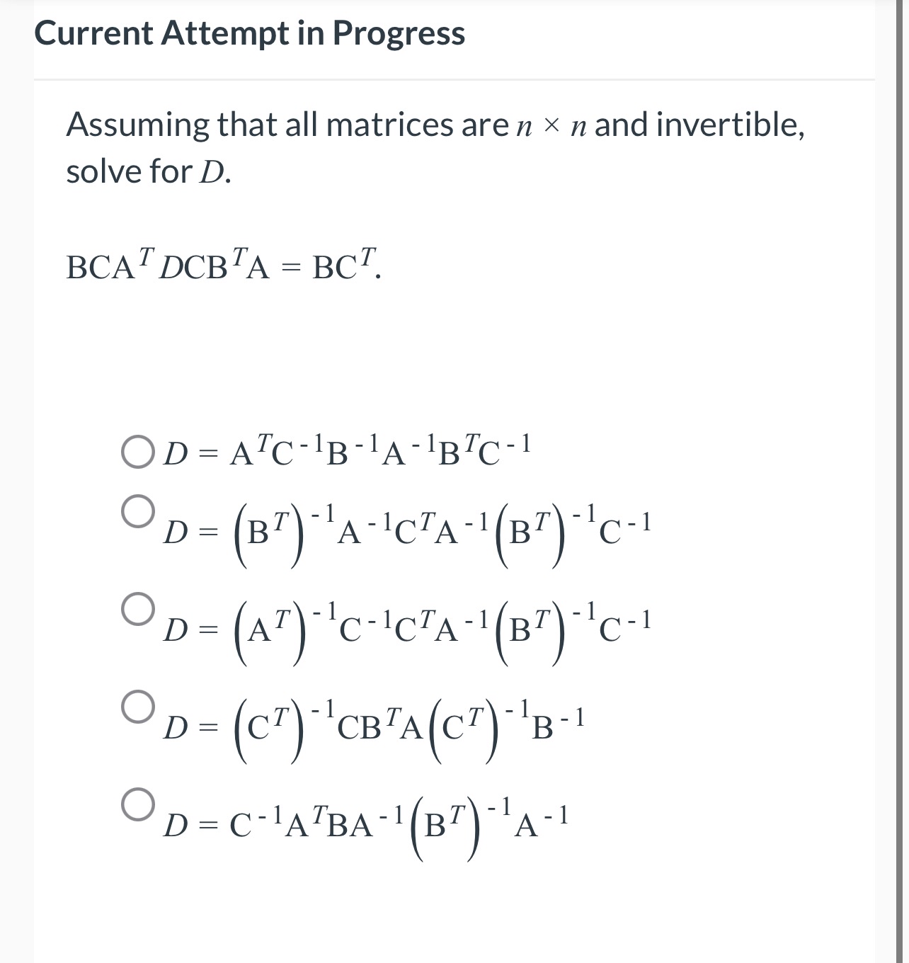 Solved Current Attempt in ProgressAssuming that all matrices | Chegg.com