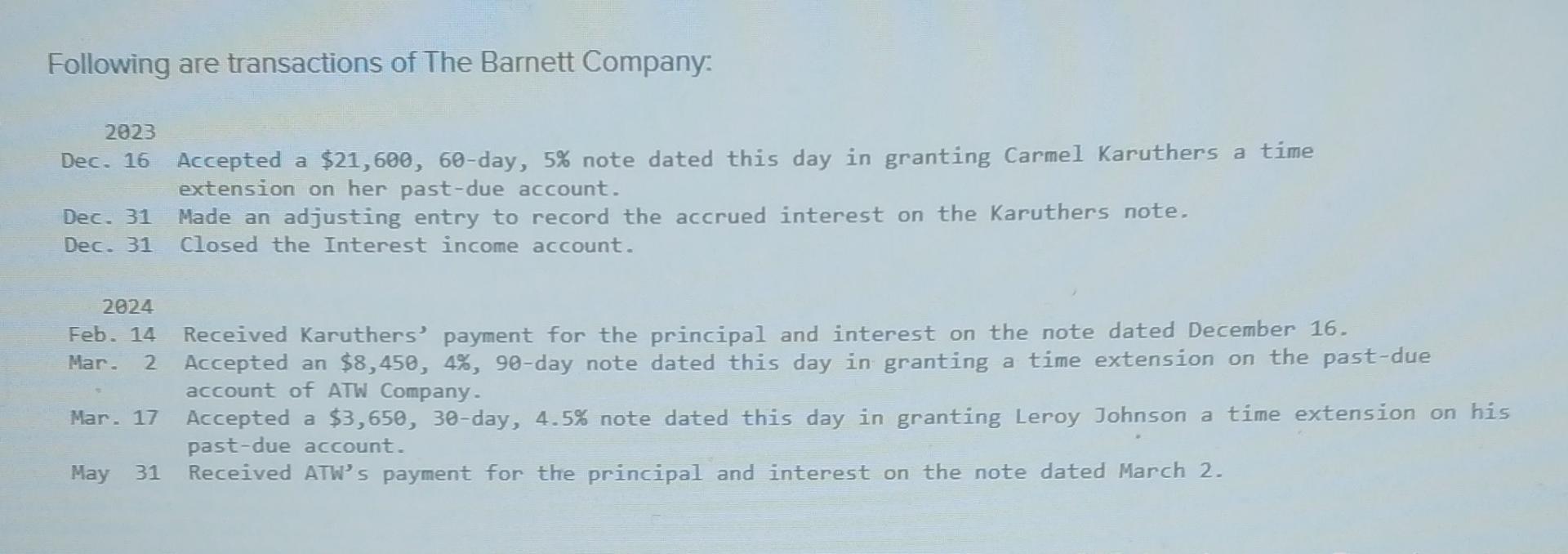 Solved Following are transactions of The Barnett Company: | Chegg.com