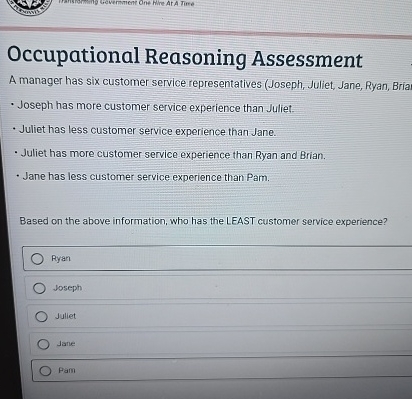 Solved How to solve Occupational Reasoning AssessmentA | Chegg.com