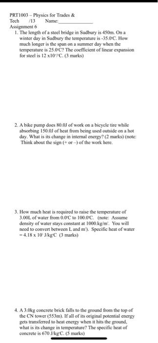 Solved PRT1003 - Physics for Trades & Tech /13 Name: | Chegg.com