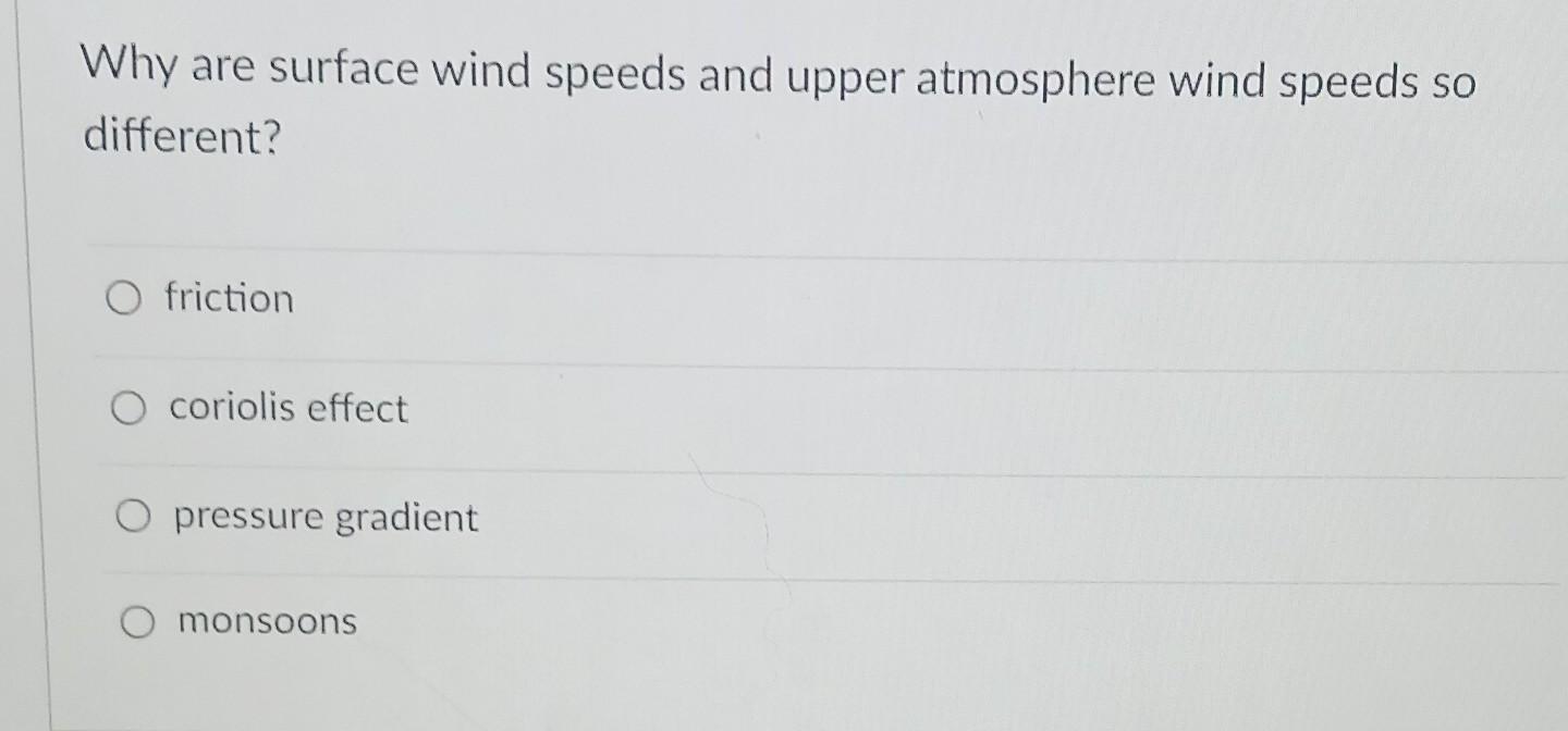 Solved Why are surface wind speeds and upper atmosphere wind | Chegg.com