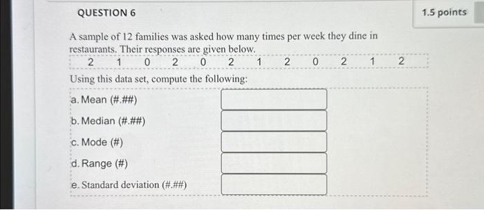 Solved A sample of 12 families was asked how many times per | Chegg.com