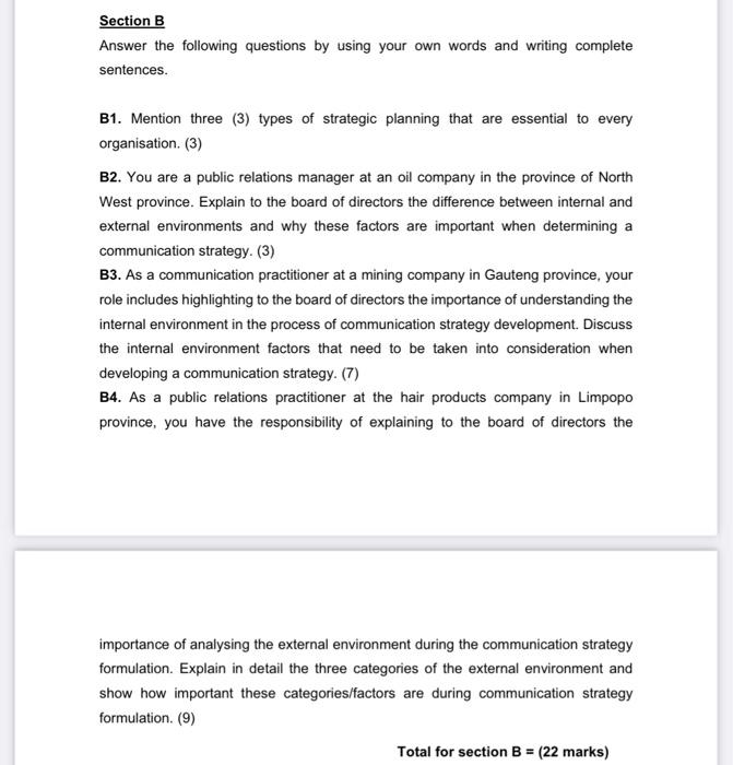 B1. Mention three (3) types of strategic planning | Chegg.com