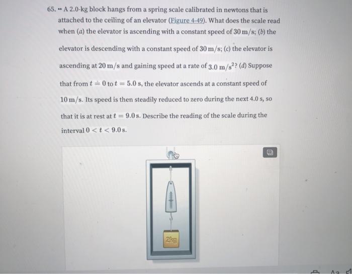 Solved 65. - A 2.0 kg block hangs from a spring scale | Chegg.com