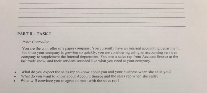 Solved PART II - TASK I Role: Controller You are the | Chegg.com