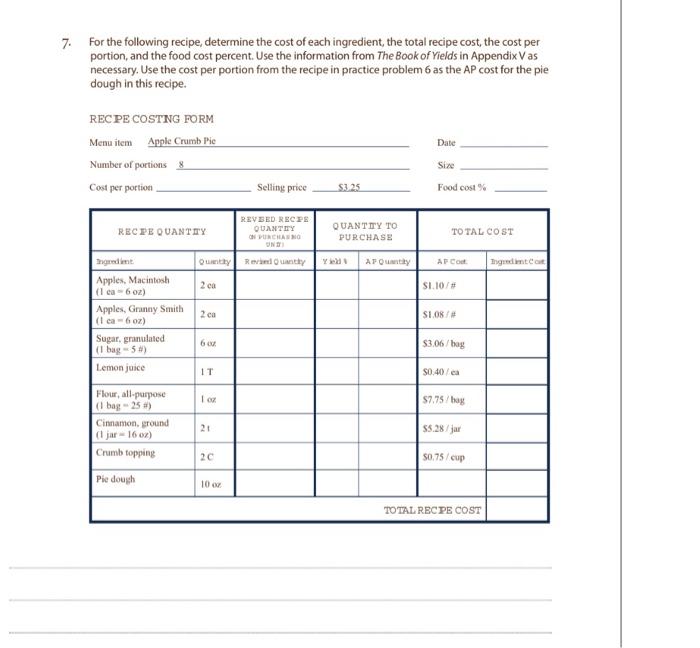 Solved 7. For the following recipe, determine the cost of | Chegg.com