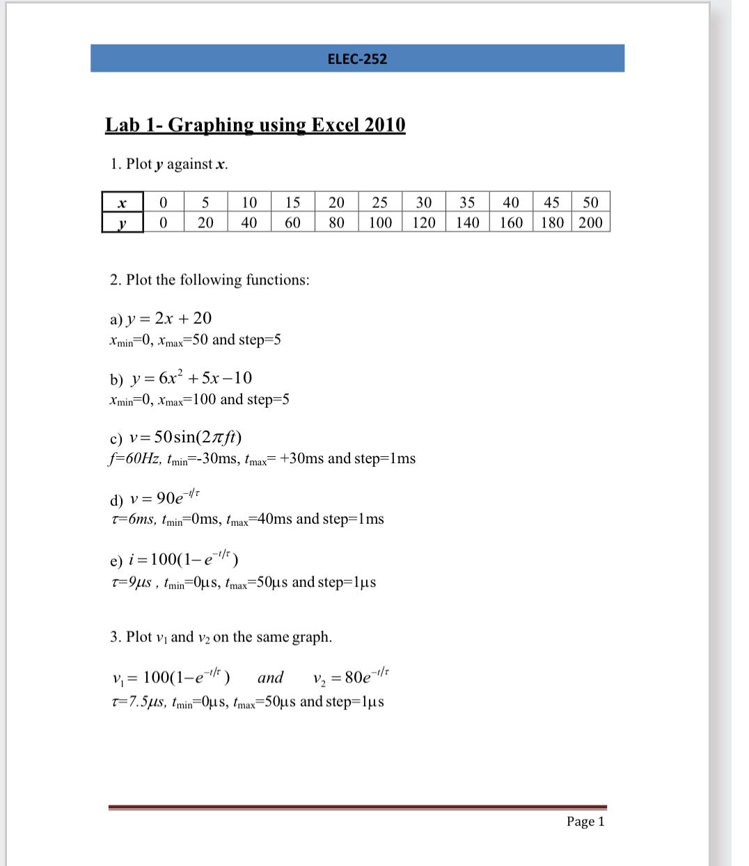 Solved ELEC-252Lab 1- ﻿Graphing using Excel 2010Plot y | Chegg.com