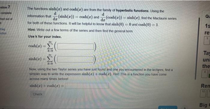 Solved The functions sinh(x) and cosh(x) are from the family | Chegg.com