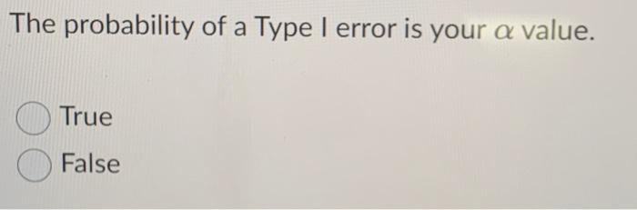 Solved The probability of a Type I error is your a value. | Chegg.com