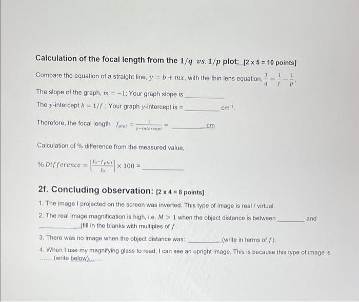 Calculation of the focal length from the 1/q vs. 1/p | Chegg.com