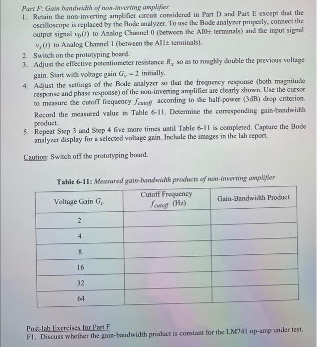 Solved Part F : Gain bandwidth of non-inverting amplifier 1. | Chegg.com