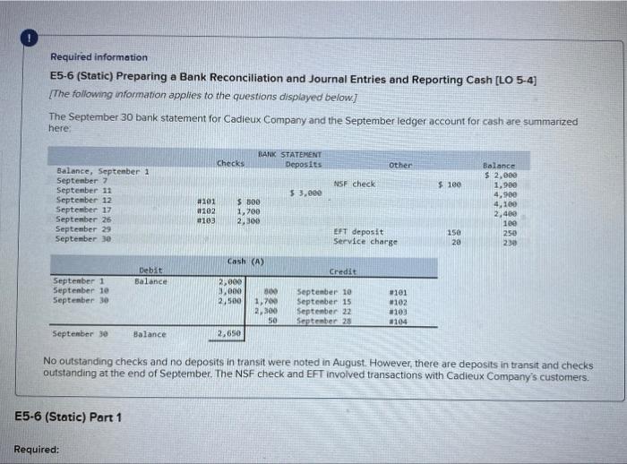 Required information E5-6 (Static) Preparing a Bank | Chegg.com