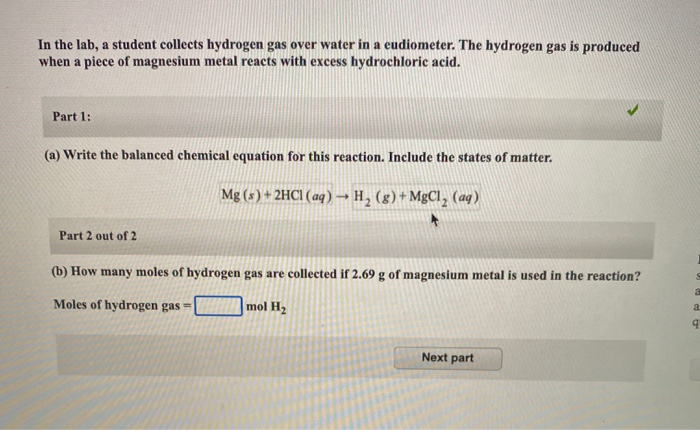 Solved In the lab, a student collects hydrogen gas over | Chegg.com