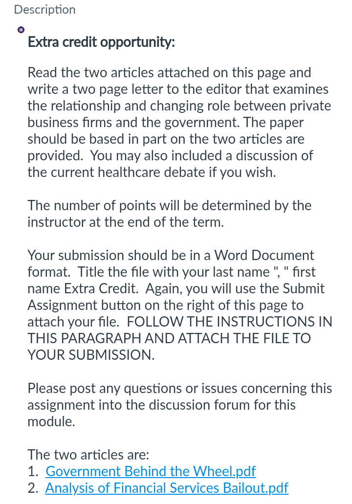 Solved Description Extra credit opportunity: Read the two | Chegg.com