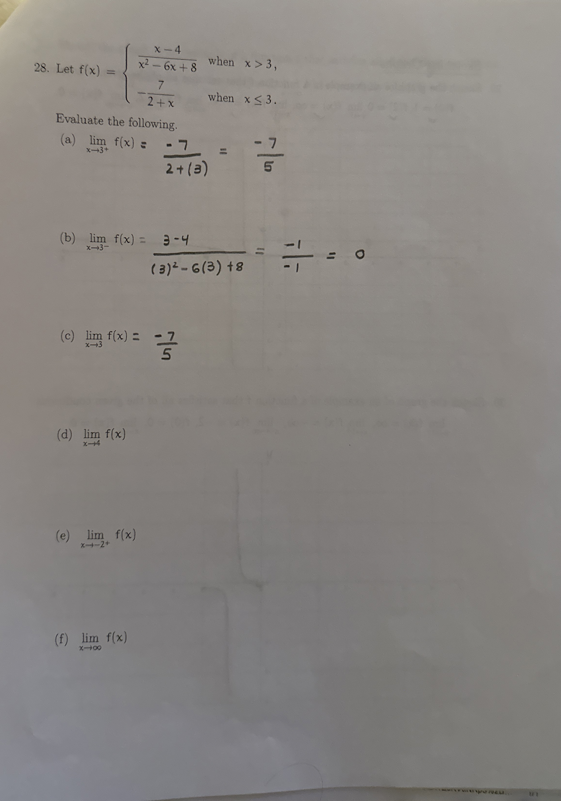 Solved Let f(x)={x-4x2-6x+8 when x>3-72+x when x≤3Evaluate | Chegg.com