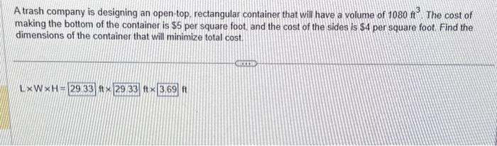 Solved A trash company is designing an open-top, rectangular | Chegg.com