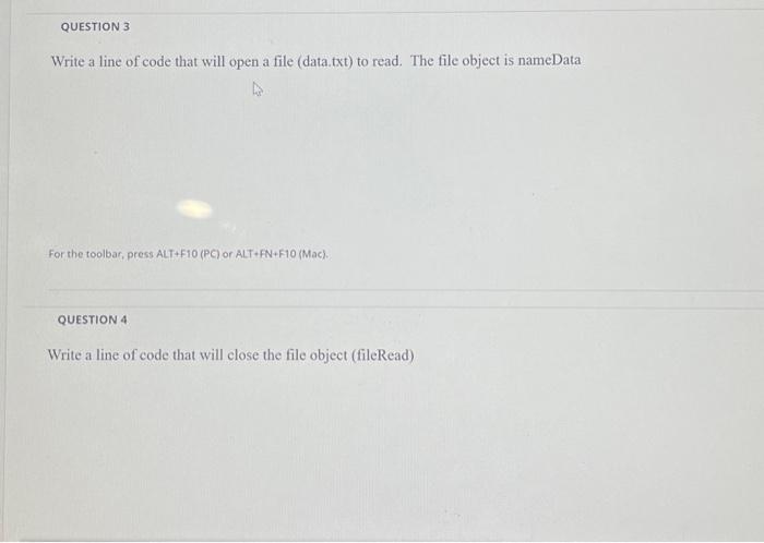 Solved Write a line of code that will open a file (data.txt) | Chegg.com