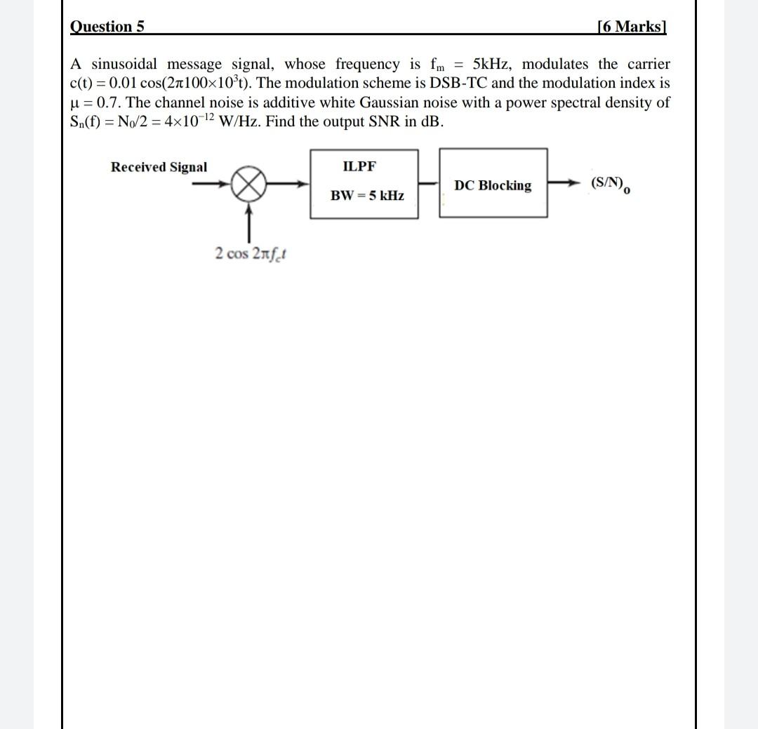 Solved Question 5 6 Marks A sinusoidal message signal, whose | Chegg.com