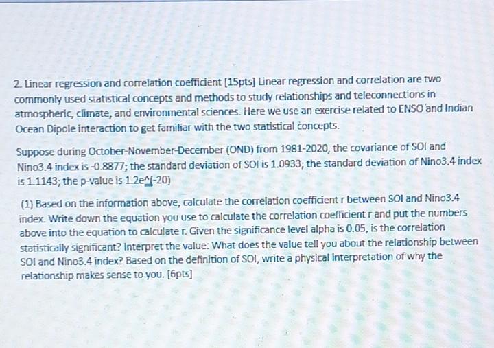 Solved 2 Linear regression and correlation coefficient | Chegg.com