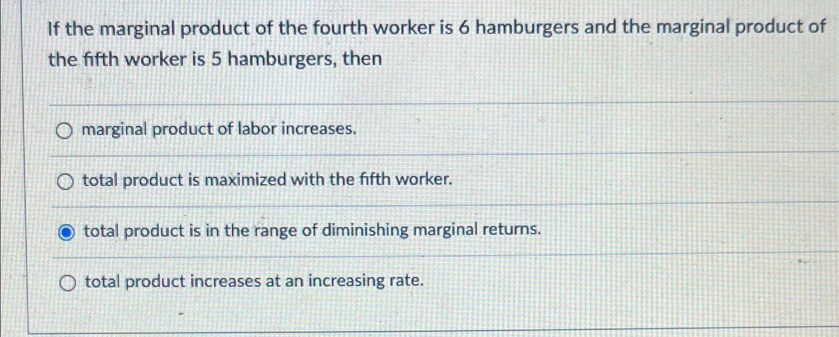 Solved If the marginal product of the fourth worker is 6 | Chegg.com