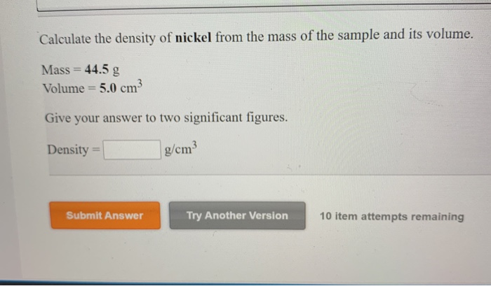 Solved Calculate the density of nickel from the mass of the | Chegg.com