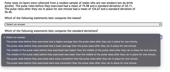 Solved Pulse rates (in bpm) were collected from a random | Chegg.com