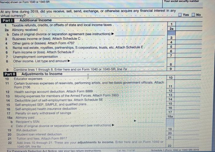 Solved I need help filing out form 1040 and schedule 1 tax | Chegg.com