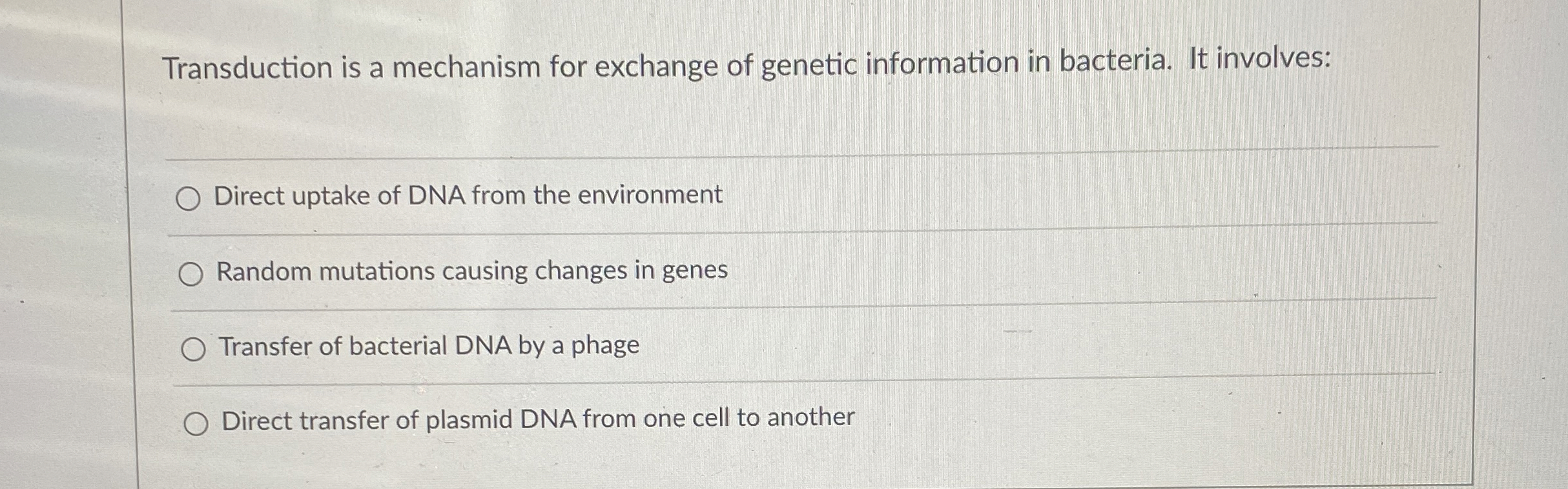 Solved Transduction is a mechanism for exchange of genetic | Chegg.com