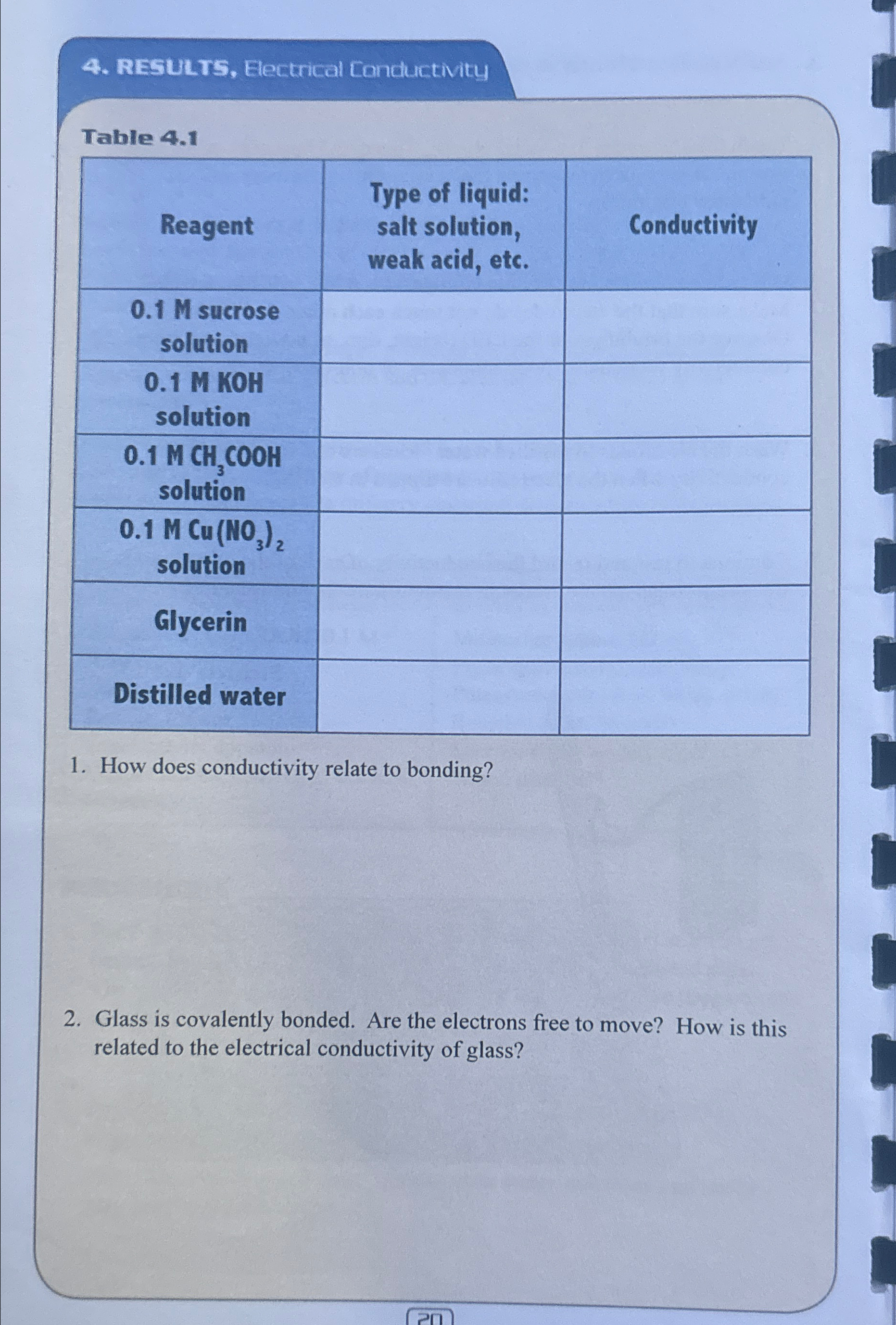 Solved RESULTS. Electrical EanductivityTable | Chegg.com