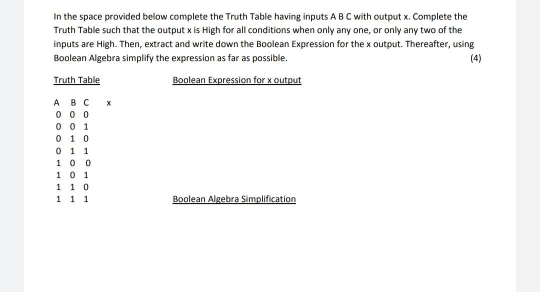 Solved In the space provided below complete the Truth Table | Chegg.com