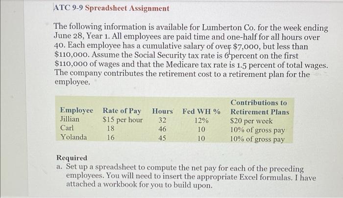 Solved ATC 9-9 Spreadsheet Assignment The following | Chegg.com