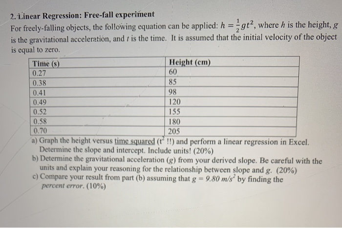 Solved 2. Linear Regression: Free-fall experiment For | Chegg.com