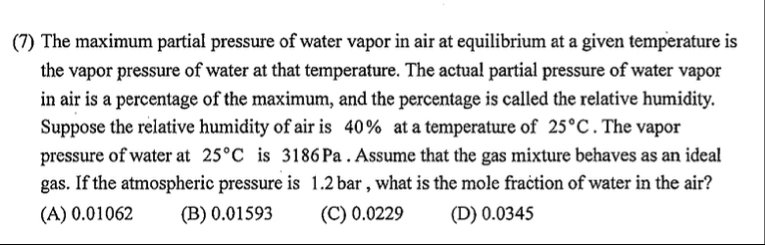 Solved (7) ﻿The maximum partial pressure of water vapor in | Chegg.com