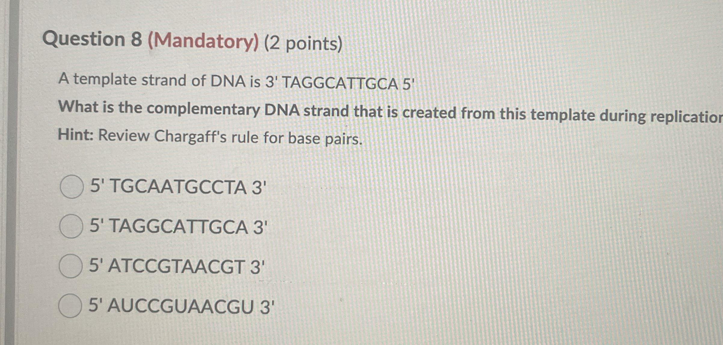 Solved Question 8 (Mandatory) (2 ﻿points)A template strand | Chegg.com