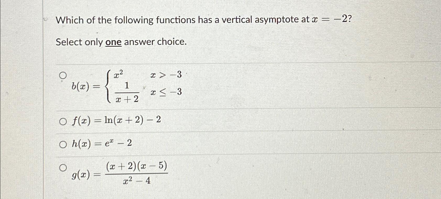 Solved Which of the following functions has a vertical | Chegg.com