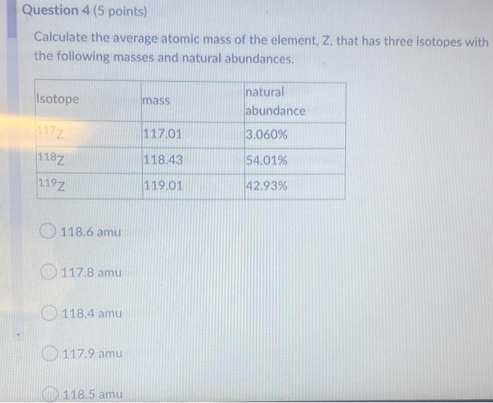 Solved Question 4 (5 points) Calculate the average atomic | Chegg.com