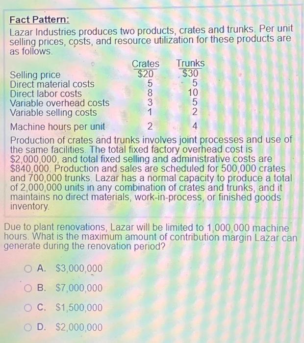 Solved Fact Pattern: Lazar Industries produces two products, | Chegg.com