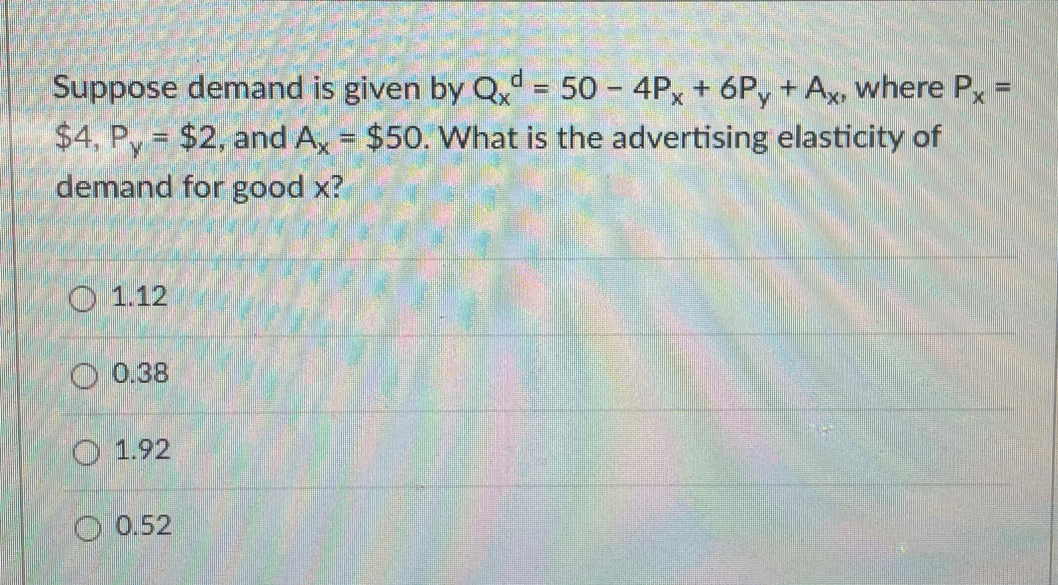 Solved Suppose demand is given by Qxd=50-4Px+6Py+Ax, ﻿where | Chegg.com
