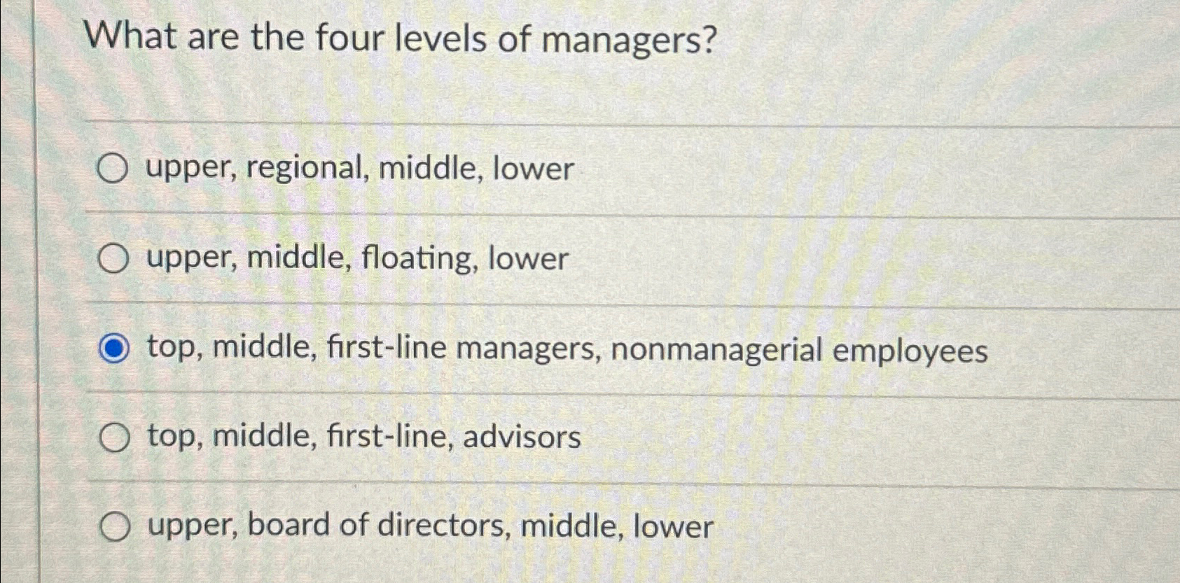 Solved What are the four levels of managers?upper, regional, | Chegg.com