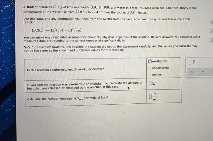 Solved A student dissolves 12.7 g of lithium chloride | Chegg.com