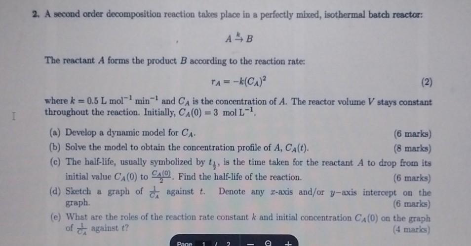 Solved 2. A second order decomposition reaction takes place | Chegg.com