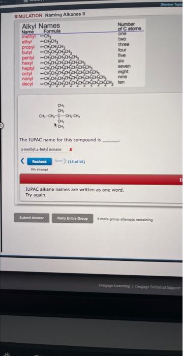 Solved SIMULATION Naming Alkanes II The IUPAC name for this | Chegg.com