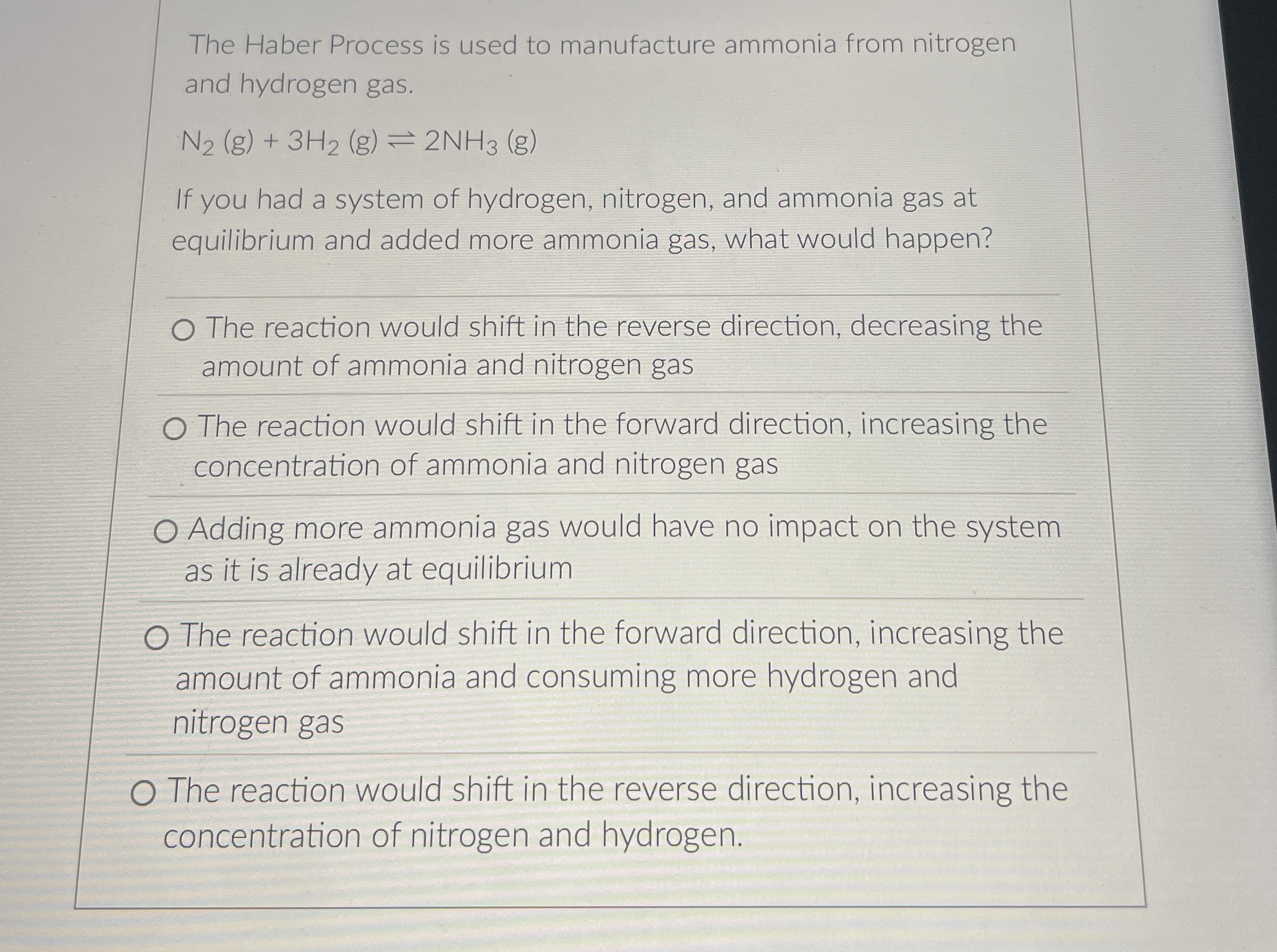 Solved The Haber Process is used to manufacture ammonia from | Chegg.com