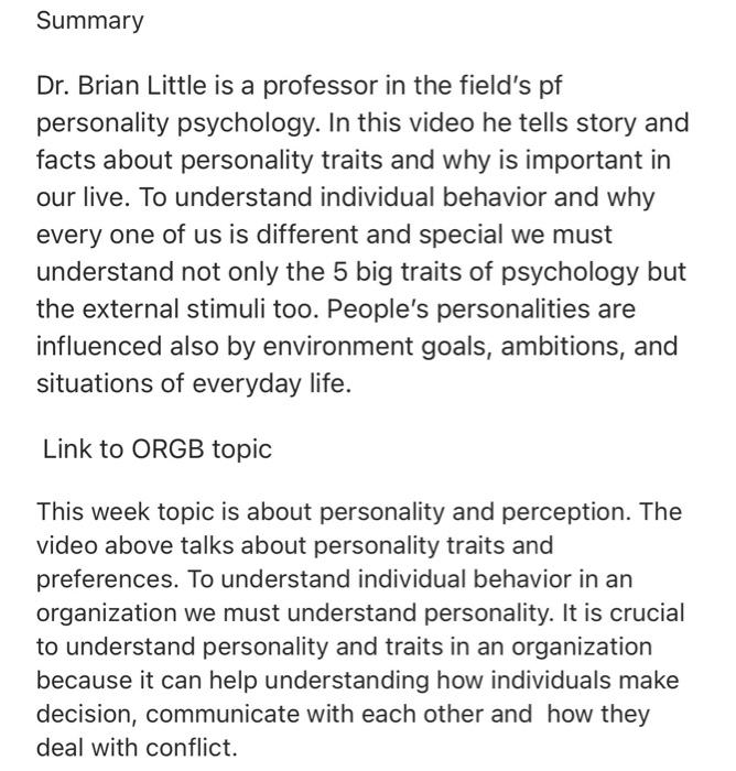 Solved Summary Dr. Brian Little is a professor in the | Chegg.com