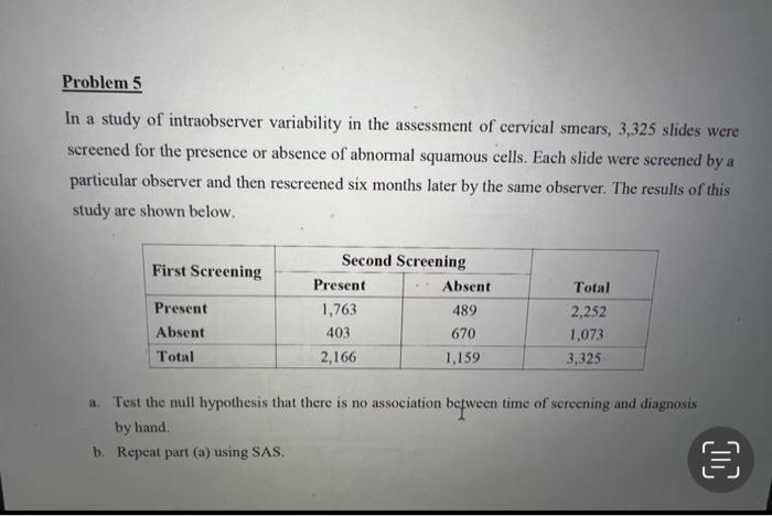 Solved Problem 5 In a study of intraobserver variability in | Chegg.com