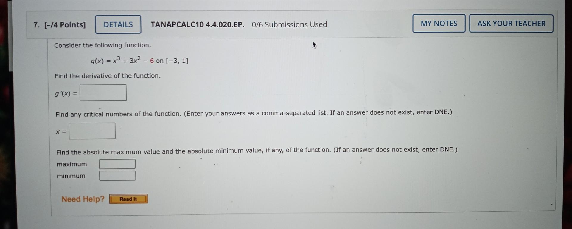 Solved Consider the following function. g(x)=x3+3x2−6 on | Chegg.com